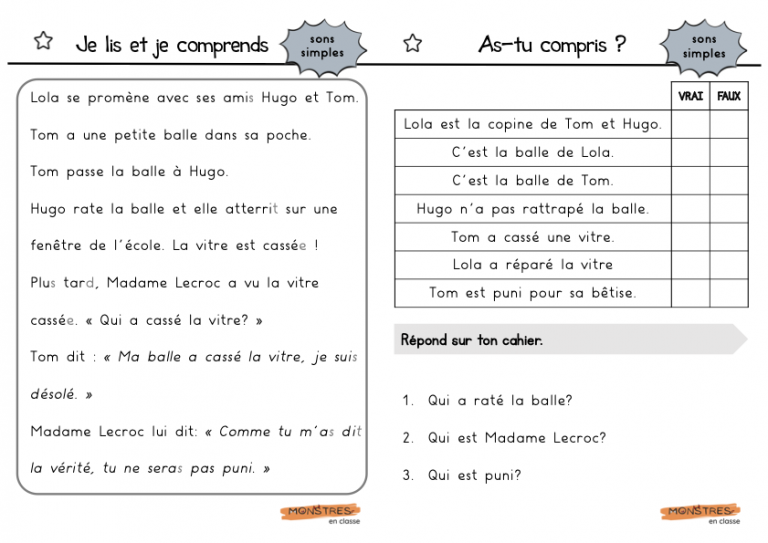 Un atelier de lecture : "Je lis pour comprendre" - Monstres en classe